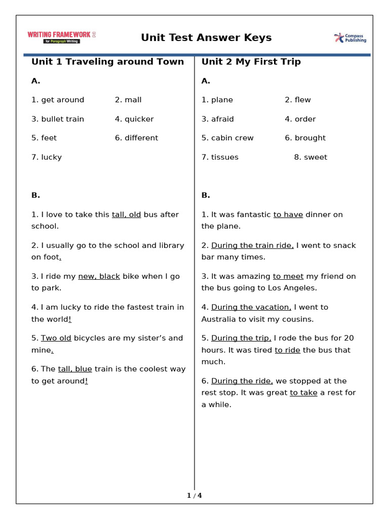 Writing Framework For Paragraph Writing 2 - Unit Test - Answer Key | PDF