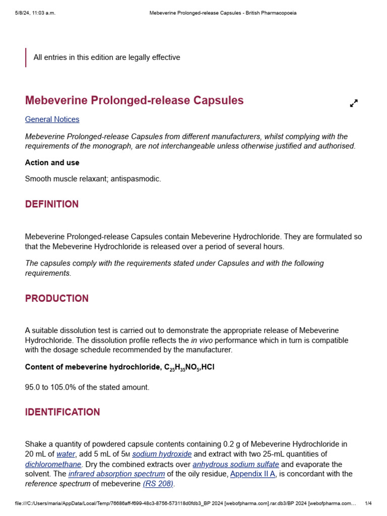 Mebeverine Prolonged-Release Capsules - British Pharmacopoeia | PDF ...