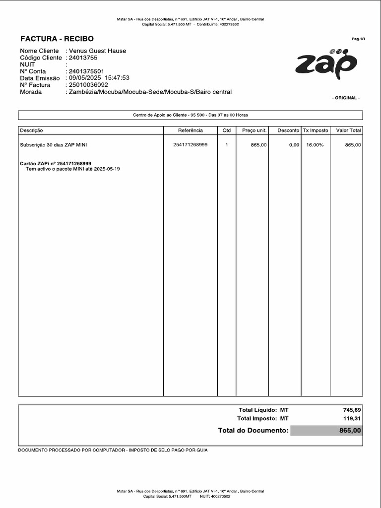 Cartão Zapi #254171268999 | PDF