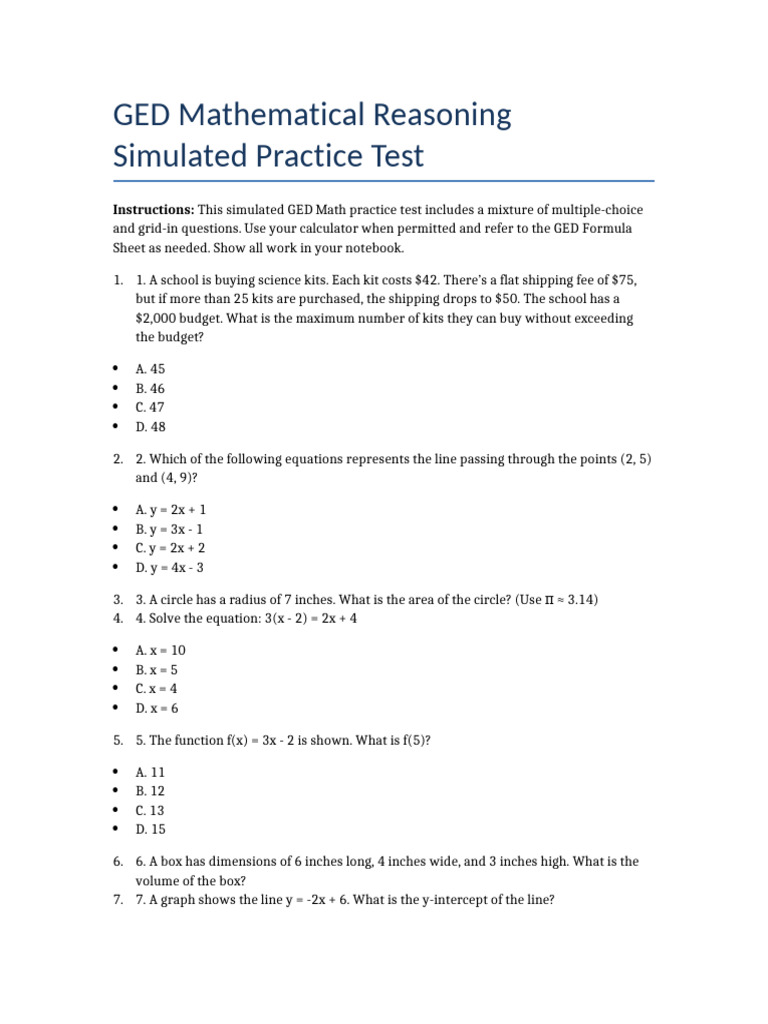 GED Math Simulated Practice Test Updated | PDF | Inequality ...