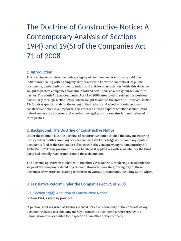 Constructive Notice in Companies Act 71/2008 | PDF | Common Law | Knowledge