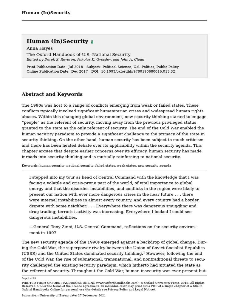 Human (In) Security Anna Hayes 2018 | PDF | Human Security | Securities