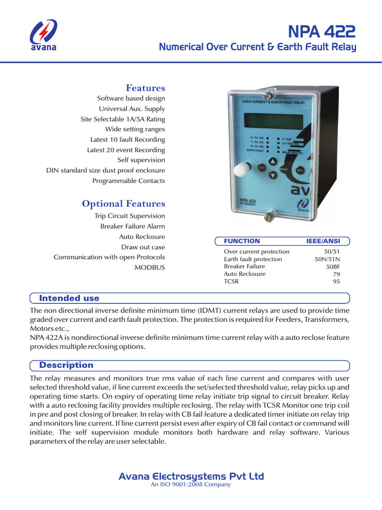 NPV 422n Avana Numerical Three Phase Combined Under and Over Voltage Relay | PDF | Relay ...
