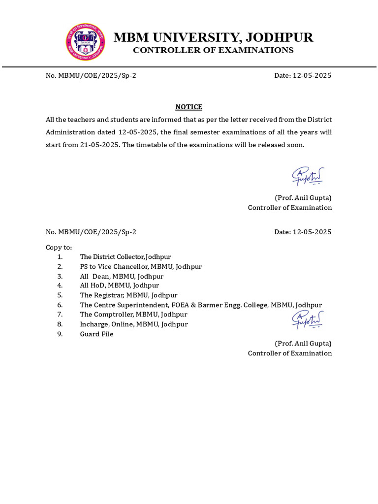 MBM University Exam Schedule 2025 | PDF