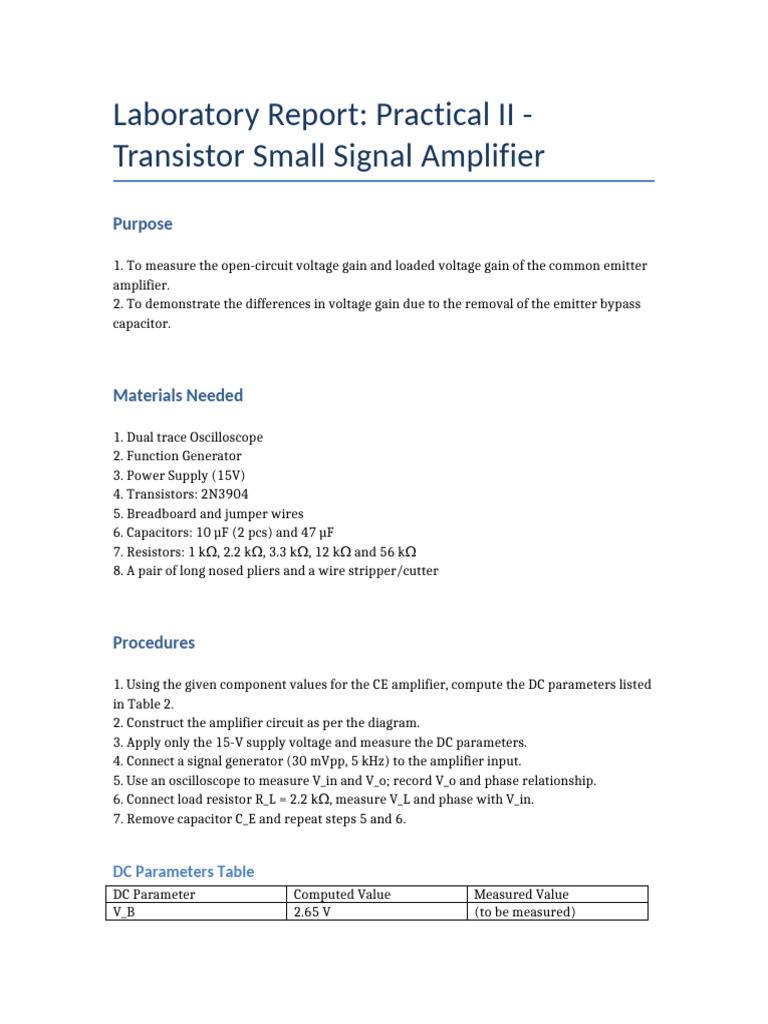 Transistor Small Signal Amplifier Report | PDF
