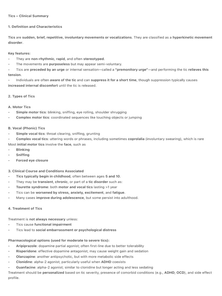 Tics - Clinical Summary | PDF