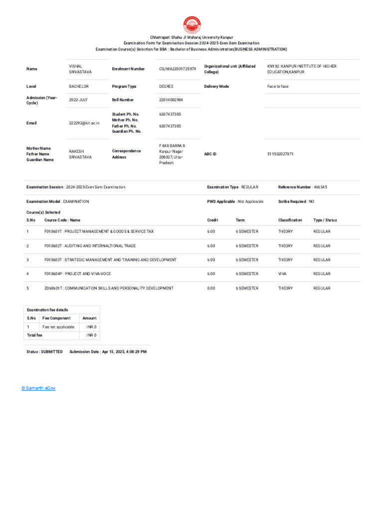 examination form of csjmu 6th sem | PDF | Business | Educational Stages