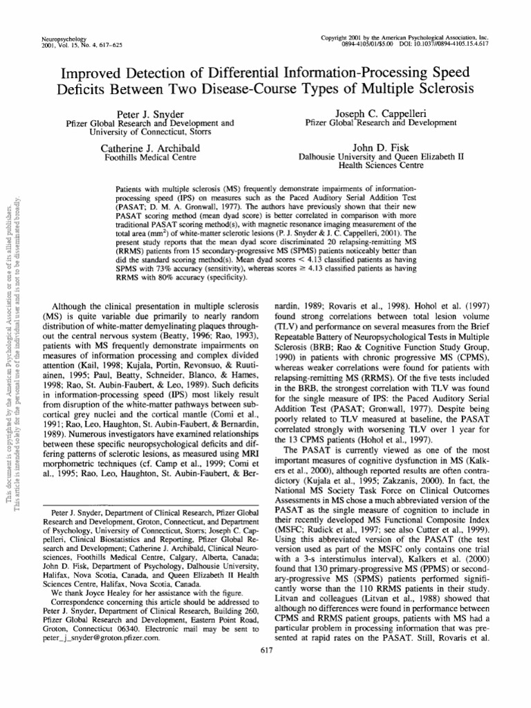 2001 Improv detect diff ISP deficits Snyder | PDF | Multiple Sclerosis | Analysis Of Variance