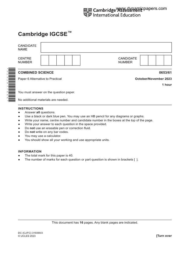 Cambridge IGCSE: Combined Science 0653/61 | PDF