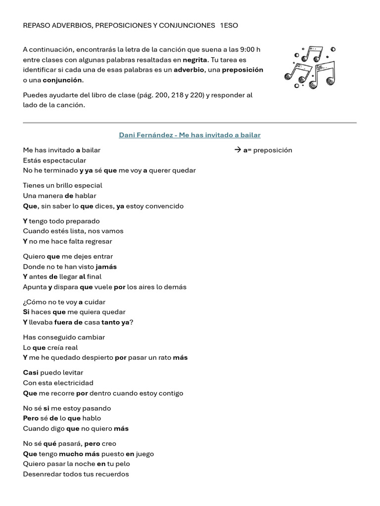 Canción Preposiciones, Conjunciones e Interjecciones | PDF | Adverbio ...