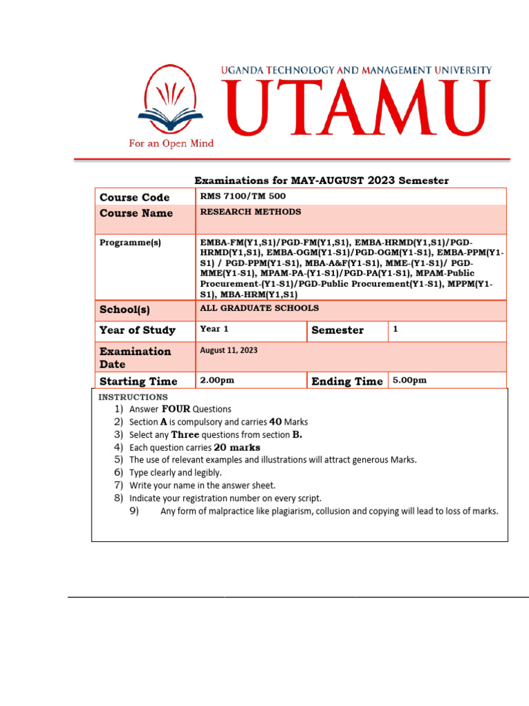1 M23 RMS 7100 TM 500 - Research Methods Exam - Aug. 23 | PDF | Cognition | Methodology