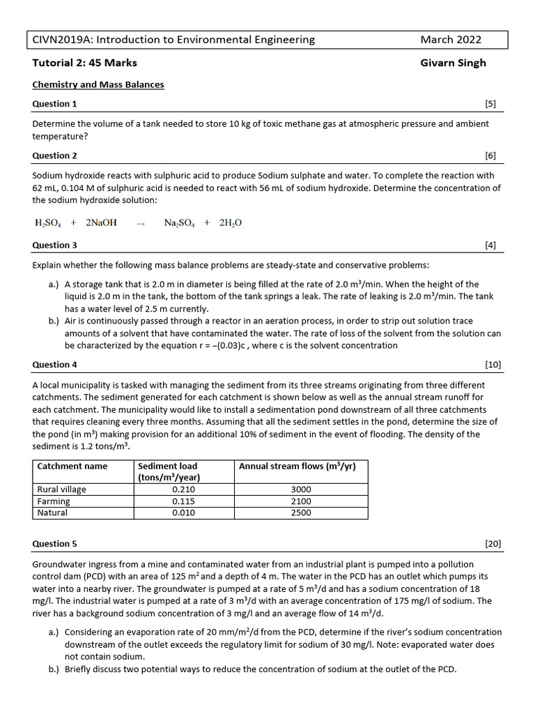 2022 - CIVN2019A - Tutorial 2 - Mass Balances - 1893774054 | PDF ...
