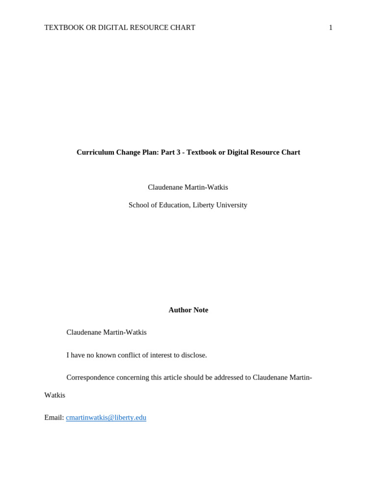 Curriculum Change Plan Part 3 - Textbook or Digital Resource Chart ...