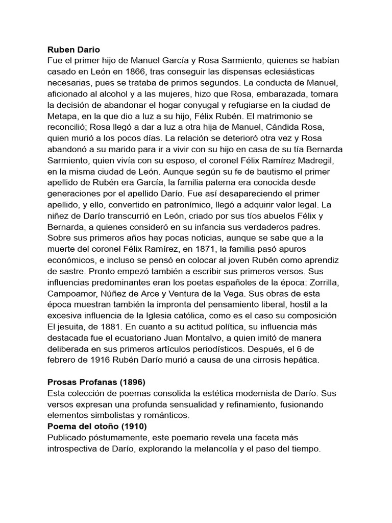 Vida y obra de Rubén Darío | PDF