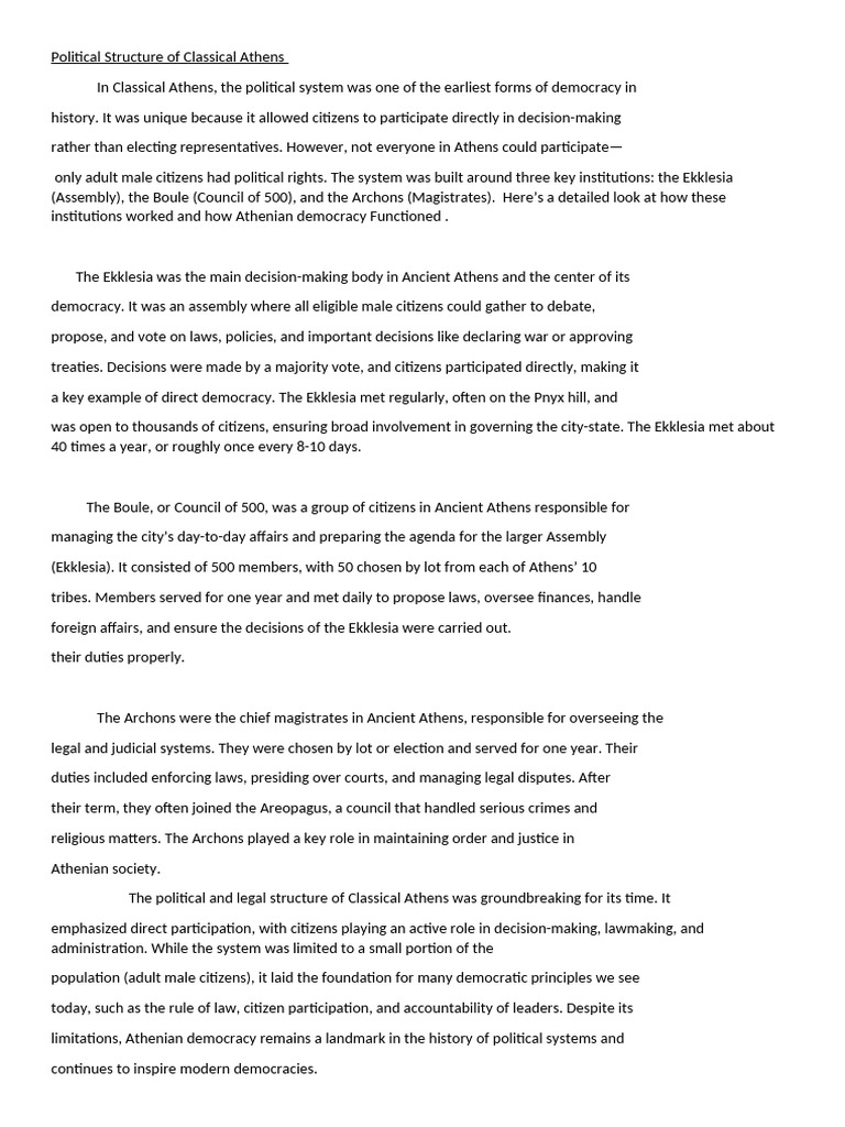 Political Structure of Classical Athens | PDF | Government | Democracy