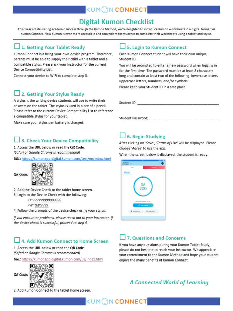 Kumon Connect Checklist | PDF | Password | Tablet Computer
