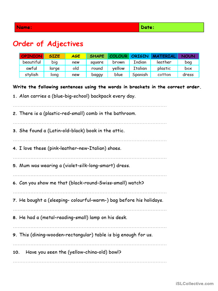 Adjective Order Practice Worksheet | PDF | Adjective | Clothing