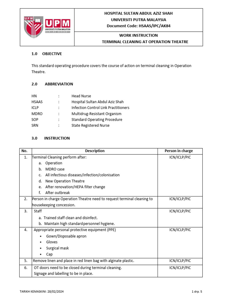 Terminal Cleaning - Operation Theaters | PDF | Housekeeping | Hygiene