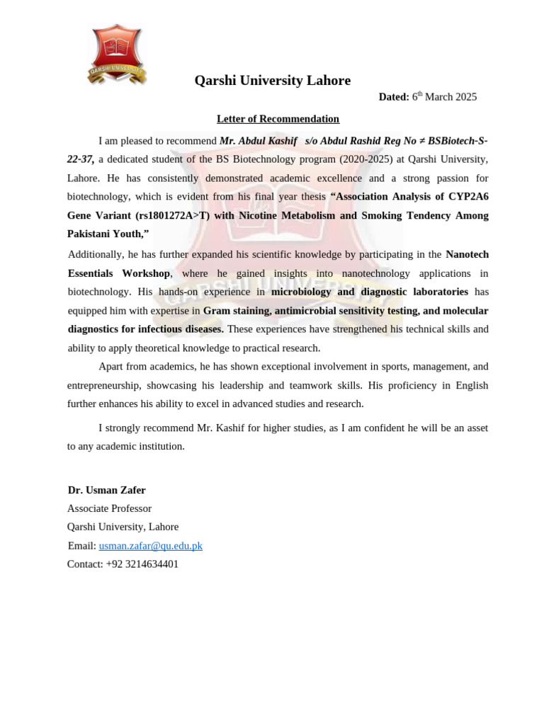 Kashif Recommendation Letter Dr. Usman Zafer | PDF