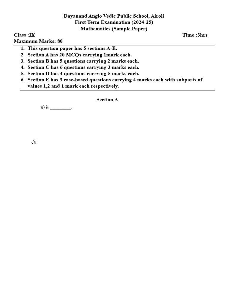 HCK_Std 9th -Maths First term Sample paper 2024-25 | PDF | Triangle ...