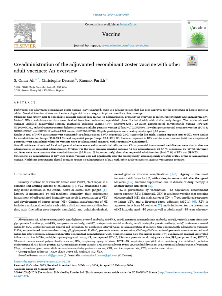 Co Administration of The Adjuvanted Recombinant Zoster Vaccine Wit ...