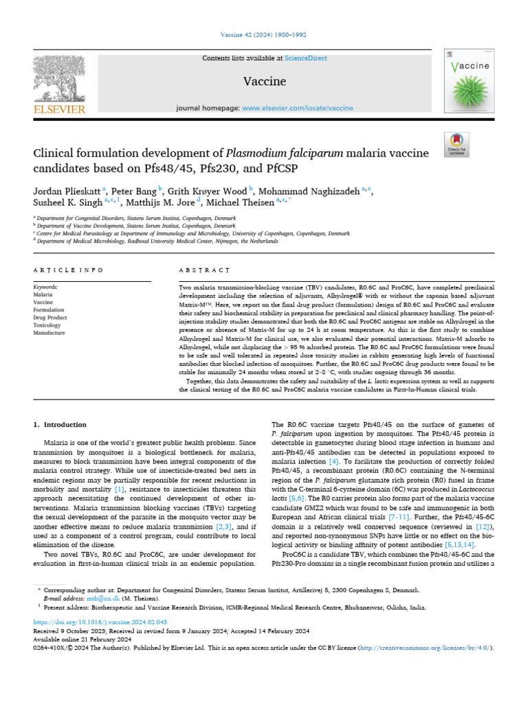 Clinical Formulation Development of Plasmodium Falciparum Malaria V - 2024 - Vac | PDF | Malaria ...