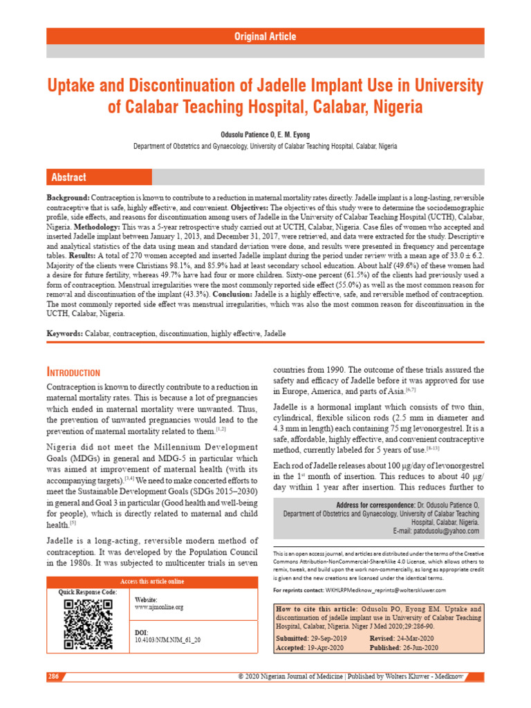 Uptake and Discontinuation of Jadelle Implant Use.18 | PDF | Birth ...