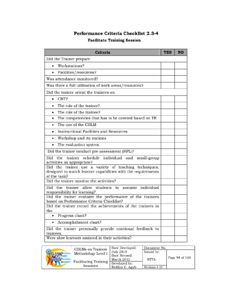 Performance Criteria Checklist Facilitate | PDF