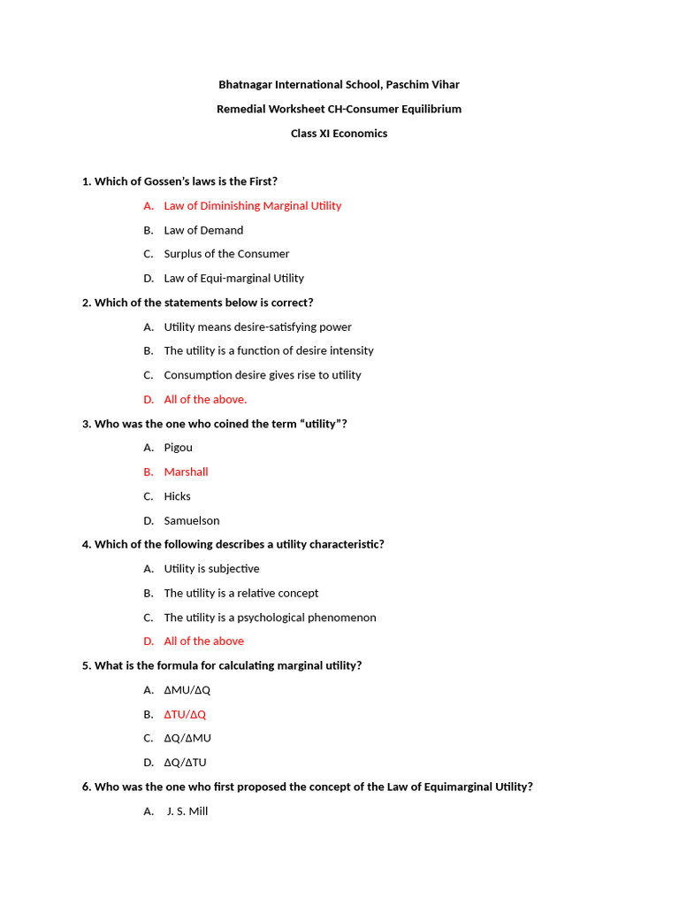 Remedial 1 (Eco)- Worksheet Consumer equilibrium updated | PDF ...