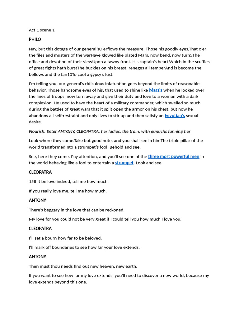 Act 1, Scene 1 Summary: Antony & Cleopatra | PDF | Mark Antony | Cleopatra