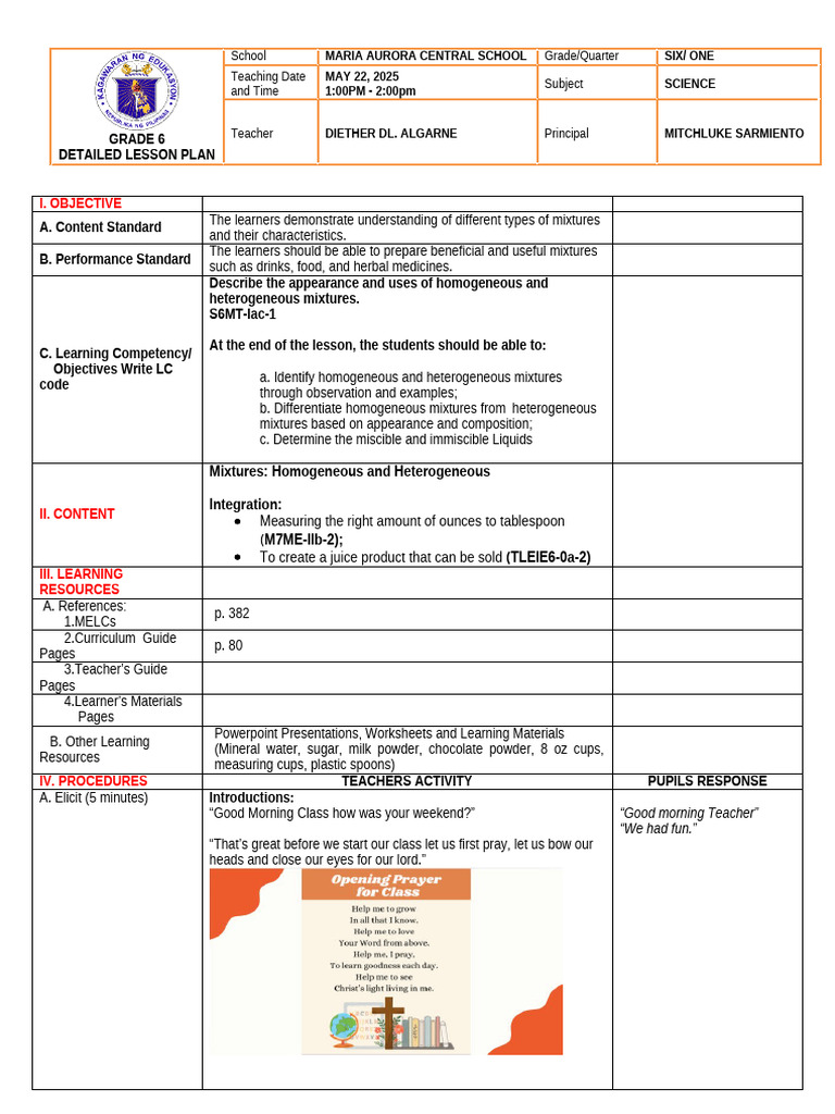 Grade 6 Science Lesson on Mixtures | PDF | Mixture | Homogeneity And ...