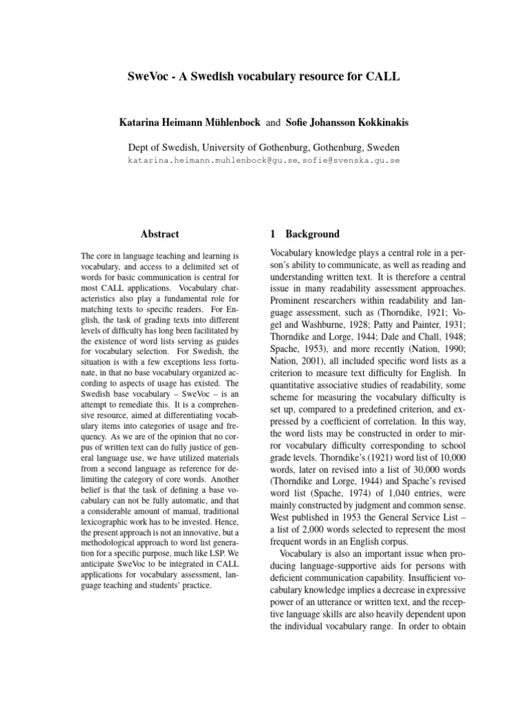 SweVoc A Swedish Vocabulary Resource For | PDF | Part Of Speech | Word