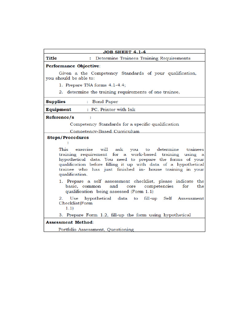 VEG - Job Sheet 4.1-4 Determine Trainees Training Requirements | PDF | Electrical Wiring ...