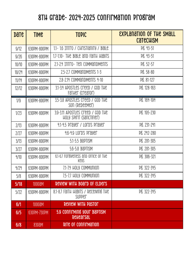 2024-2025 8th Grade Confirmation Schedule | PDF