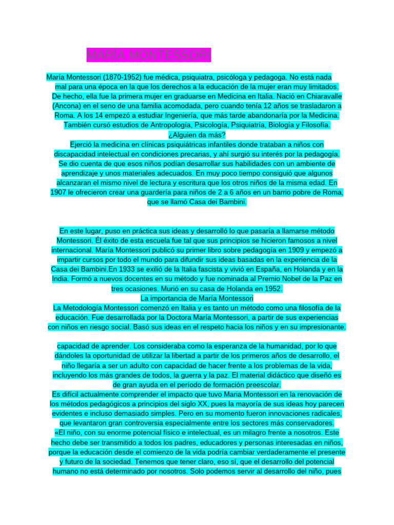 MARÍA MONTESSORI Margoth | PDF | Educación Montessori | Aprendizaje