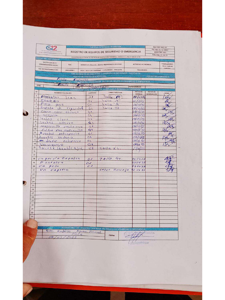 Registro Cargo Entrega de EPP | PDF