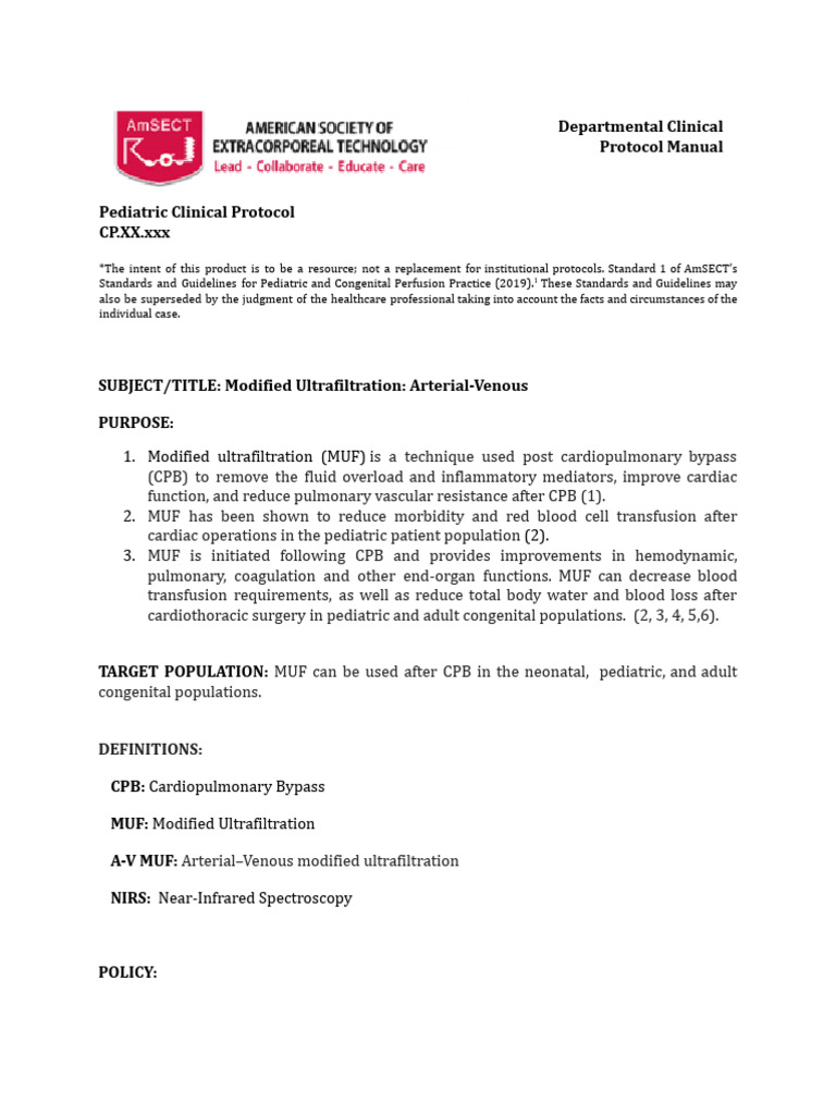 AmSECT MUF Clinical Protocol | PDF | Hemodynamics | Vein