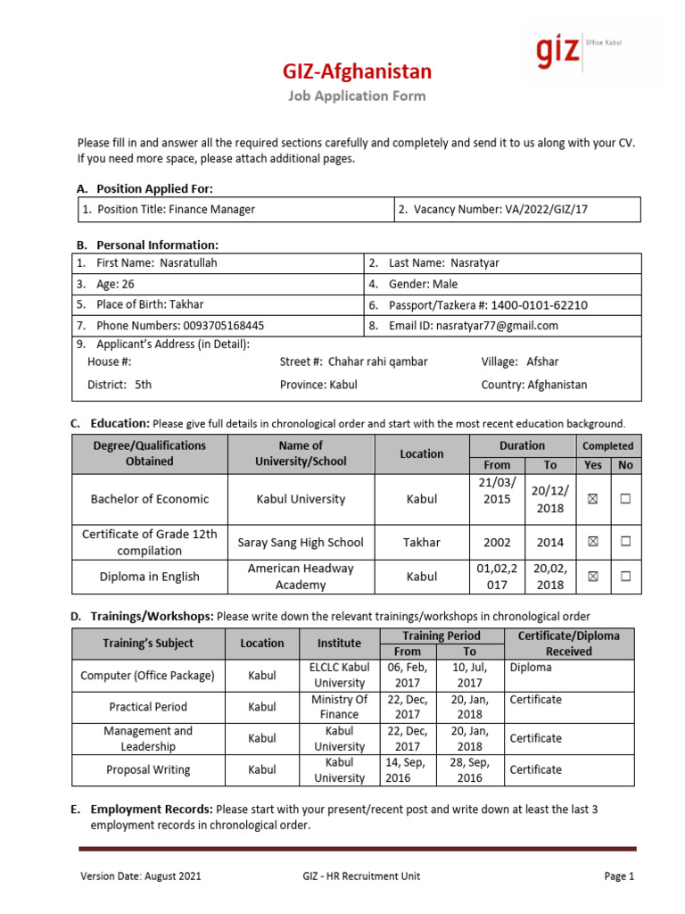 GIZ+Job+Application+Form - PDF FM | PDF
