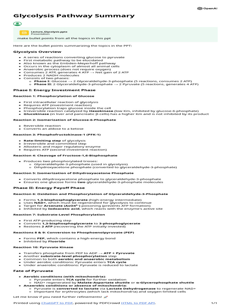Glycolysis Pathway Summary | PDF | Glycolysis | Adenosine Triphosphate