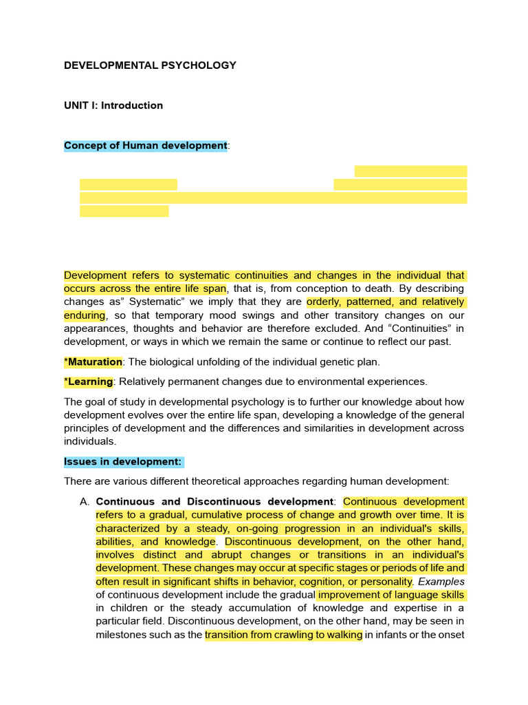 Developmental Psy Unit1 (Highlighted) 2 | PDF | Developmental ...