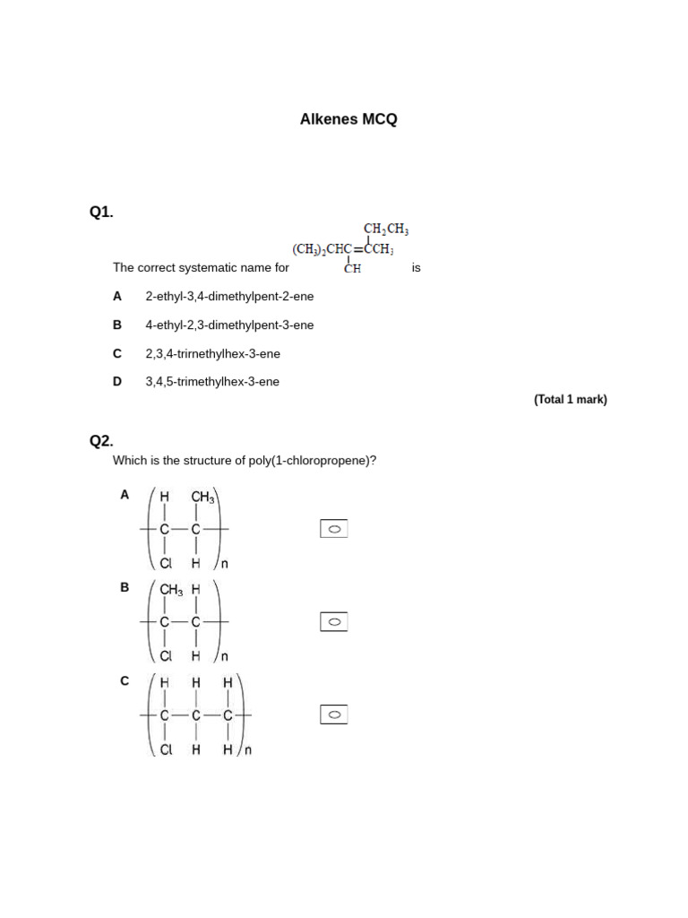 Alkenes MCQ Practice Questions | PDF | Chemical Reactions | Alkene