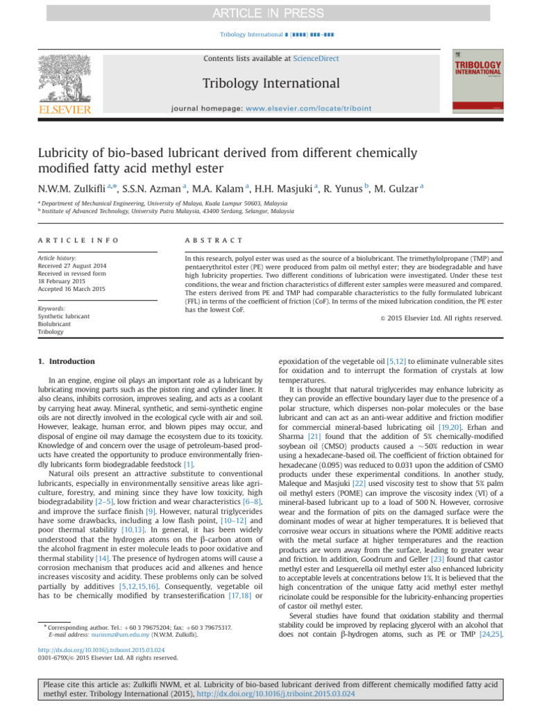 Lubricity of Bio-Based Lubricant Derived | PDF | Friction | Lubricant