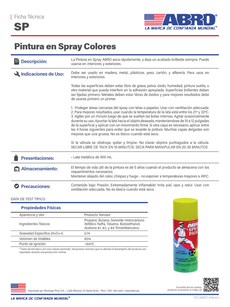 ABRO - FICHA TECNICA - Pintura Spray Colores | PDF | Pintar | Ventilación (Arquitectura)