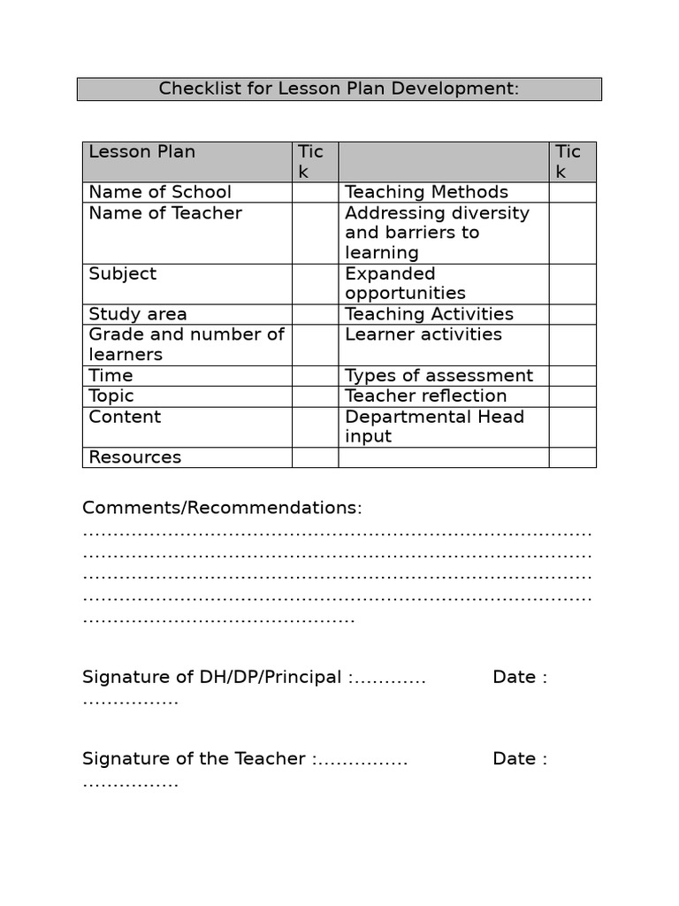 Checklist For Lesson Plan Development | PDF