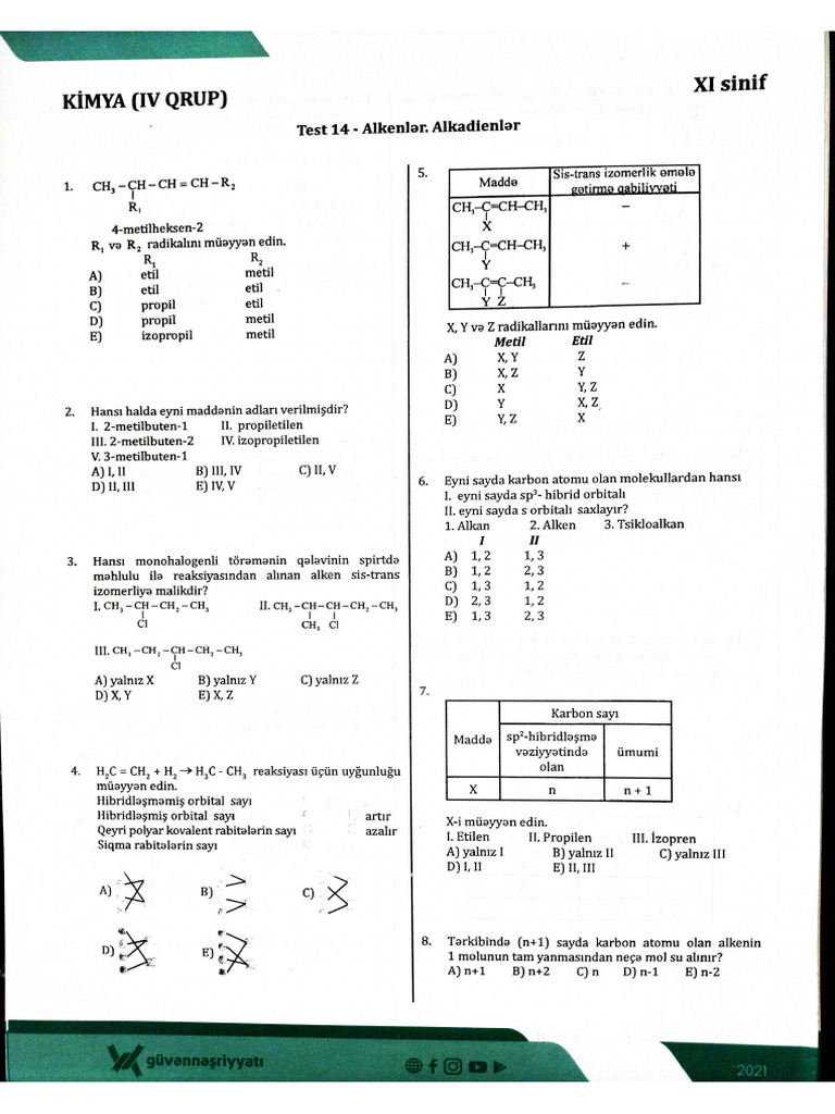 4-Cü Qrup. Quiz 14. Alkenlər. Alkadienlər. | PDF