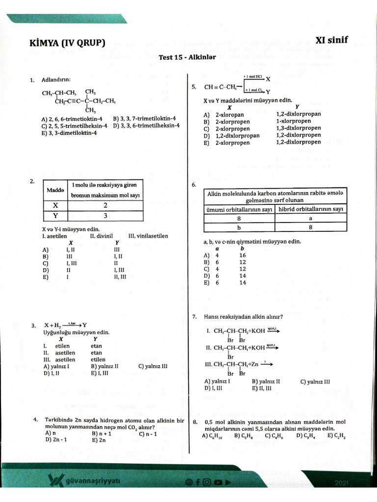 4-Cü Qrup. Quiz 15. Alkinlər. | PDF