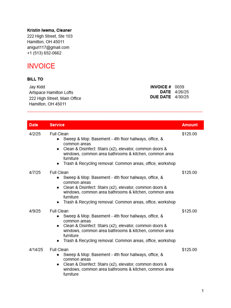 Kristin Iwema, Cleaner Invoice April 2025 | PDF | Cleaning