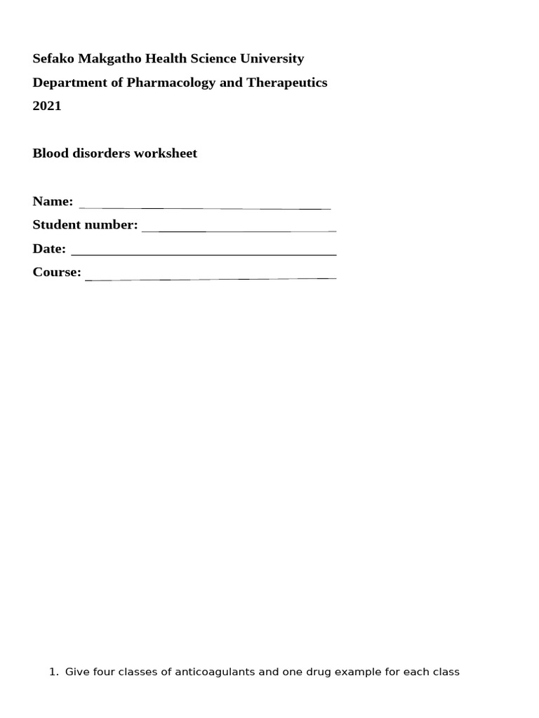 Blood Disorders Worksheet | PDF
