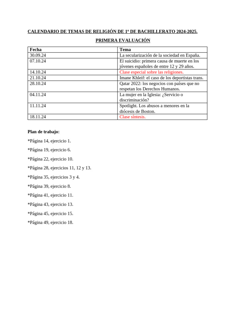 Calendario de Clases 1 BTO 24 25 | PDF