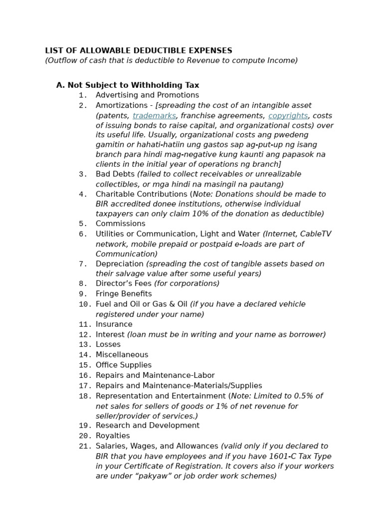 Allowable List of Expenses | PDF | Expense | Depreciation